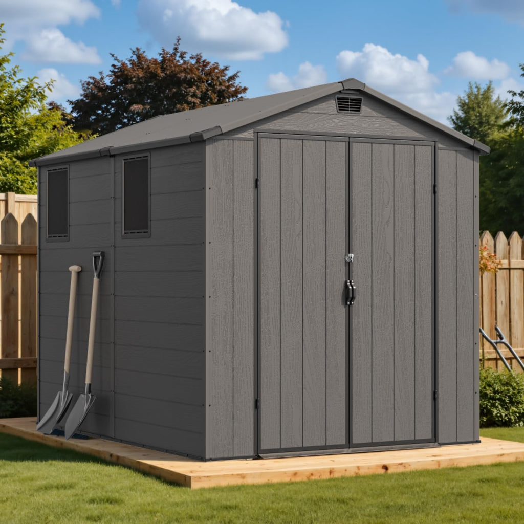 Devoko Plastic Outdoor Storage Shed - Lockable Resin Tool Shed with Wi