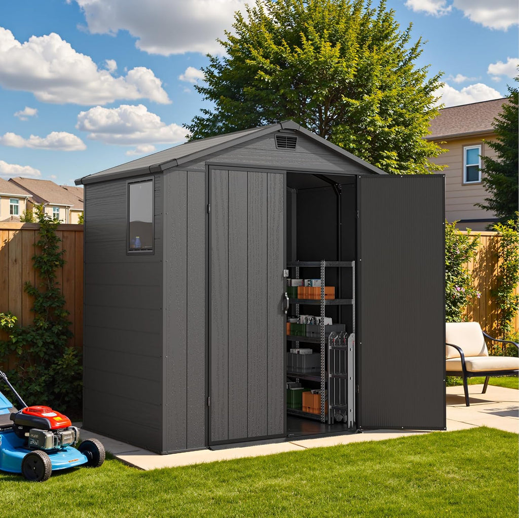 Devoko Plastic Outdoor Storage Shed - Lockable Resin Tool Shed with Wi